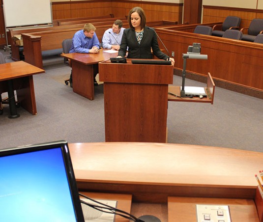 courtroom technology podium facing judge - Nomad AV Systems